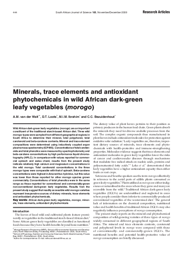 Pdf Minerals Trace Elements And Antioxidant Phytochemicals In Wild African Dark Green Leafy