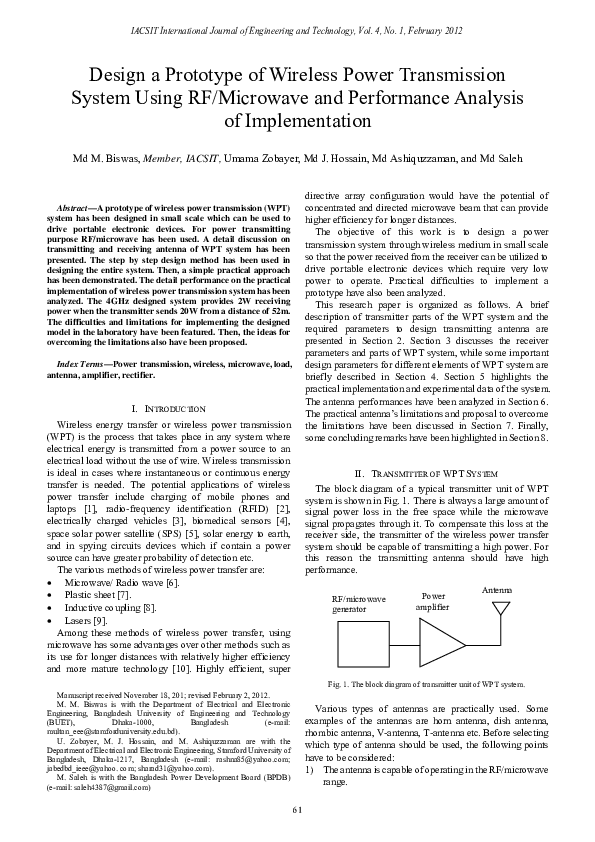 (PDF) Design a Prototype of WPT System Using RFMicrowave and Performance Analysis of Implementation