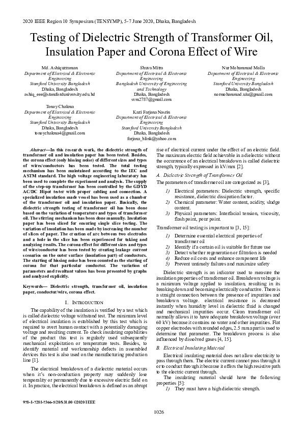 (PDF) Testing of Dielectric Strength of Transformer Oil, Insulation ...