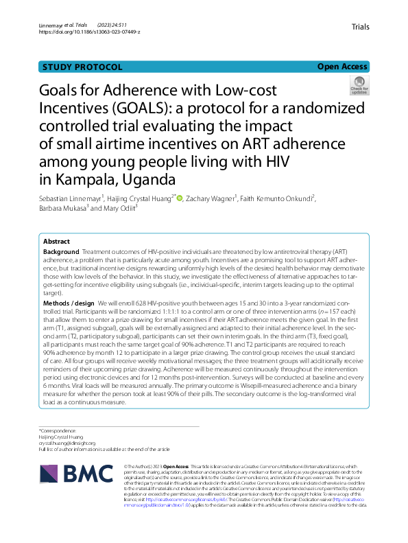 Goals for Adherence with Low-cost Incentives (GOALS): a protocol for a ...