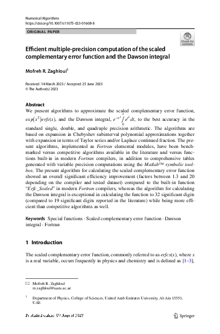 Pdf Efficient Multiple Precision Computation Of The Scaled Complementary Error Function And