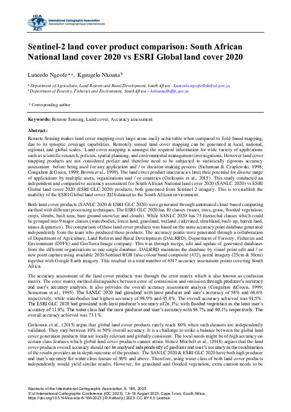(PDF) Sentinel-2 land cover product comparison: South African National land cover 2020 vs ESRI ...