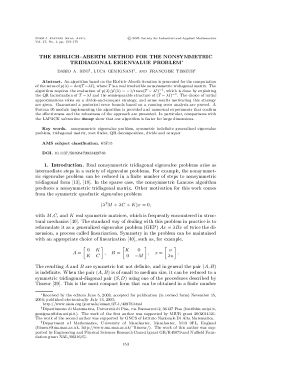 (PDF) The Ehrlich--Aberth Method for the Nonsymmetric Tridiagonal ...