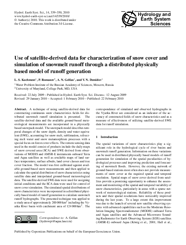 Use Of Satellite Derived Data For Characterization Of Snow Cover And Simulation Of Snowmelt