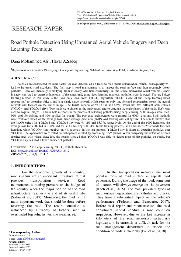 Pdf Road Pothole Detection Using Unmanned Aerial Vehicle Imagery And Deep Learning Technique