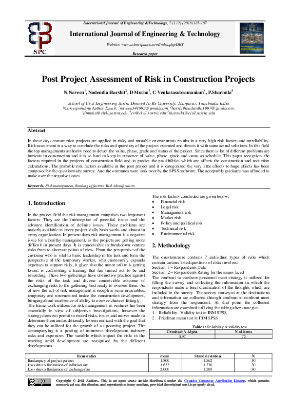 (PDF) Post Project Assessment of Risk in Construction Projects