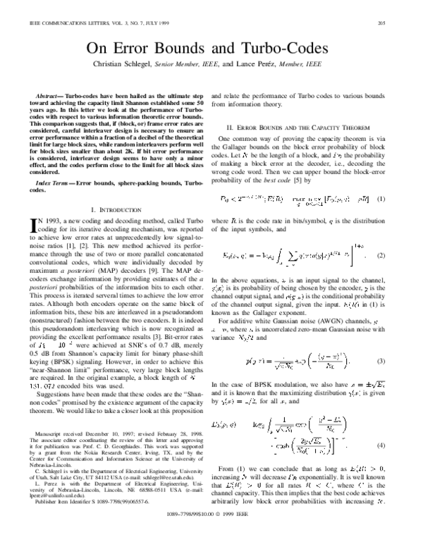 (PDF) On error bounds and turbo-codes