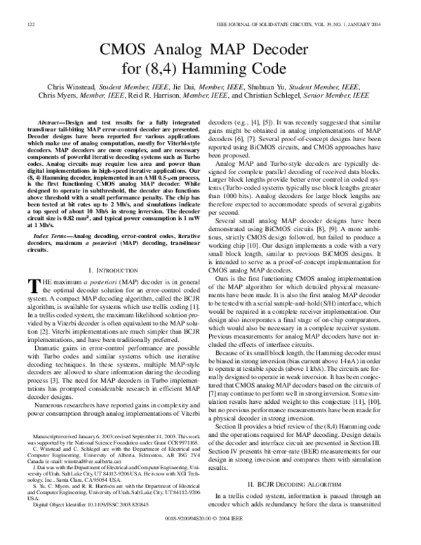 (PDF) CMOS Analog MAP Decoder for (8,4) Hamming Code