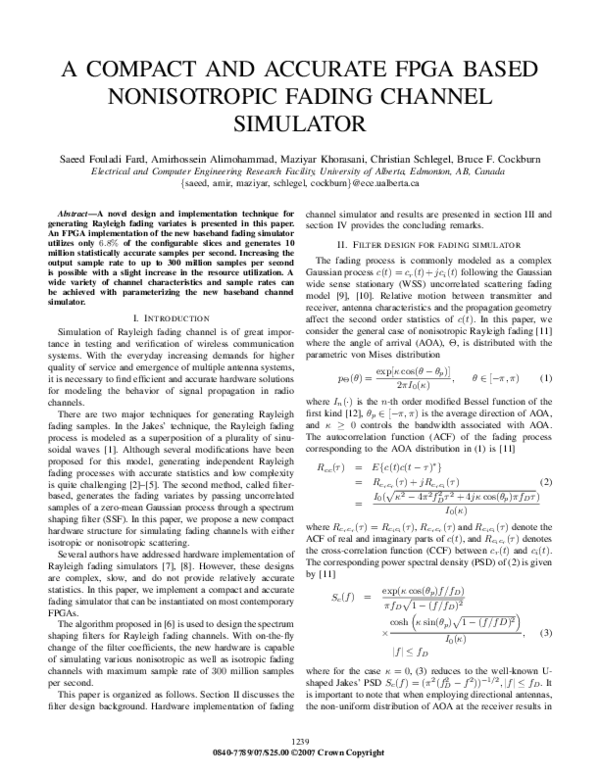 (PDF) A Compact and Accurate FPGA Based Nonisotropic Fading Channel Simulator