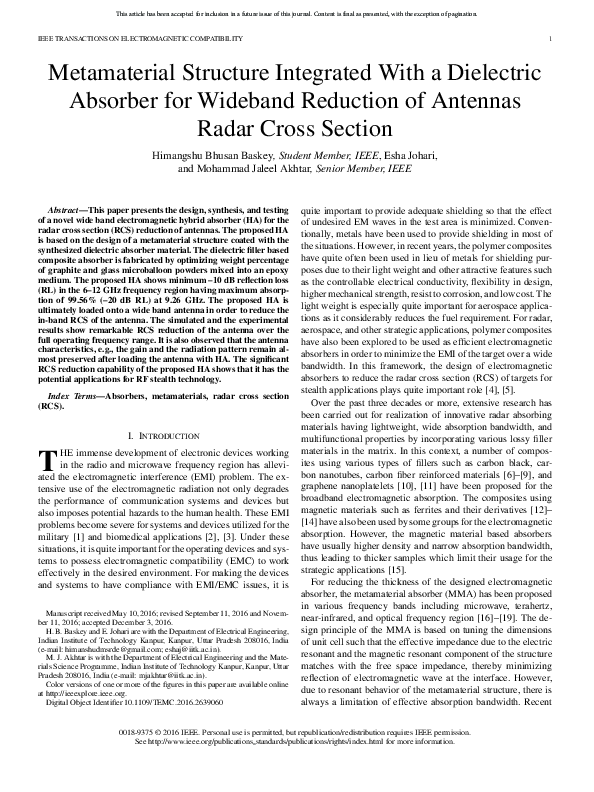 (PDF) Metamaterial Structure Integrated With a Dielectric Absorber for Wideband Reduction of ...