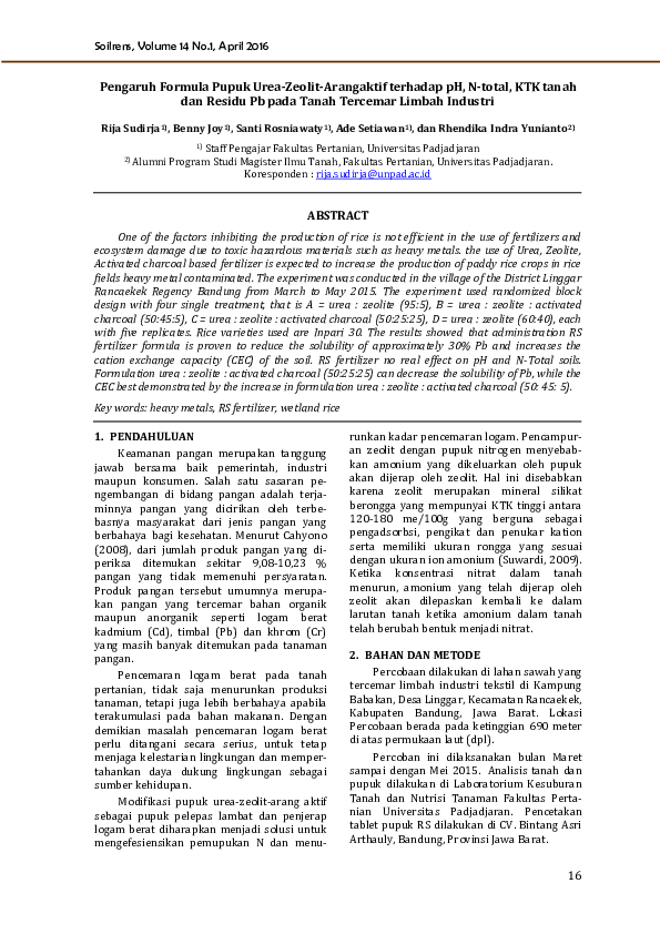 (PDF) Pengaruh Formula Pupuk Urea-Zeolit-Arangaktif terhadap pH, N-total, KTK tanah dan Residu ...