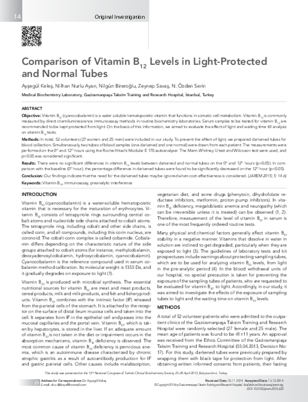 (PDF) Vitamin B12 Levels in Light Protected and Normal Tubes