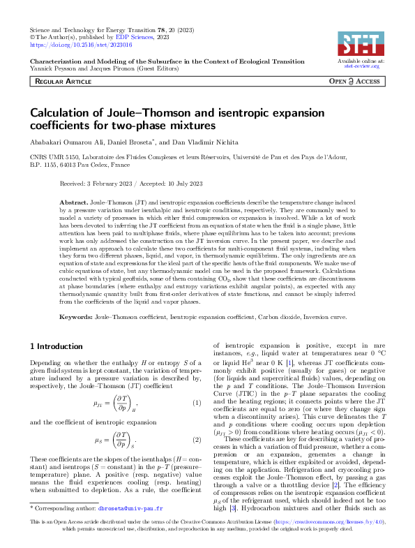 (PDF) Calculation of Joule-Thomson and isentropic expansion coefficients for two-phase mixtures