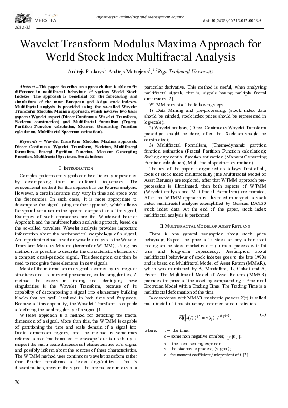 (PDF) Wavelet Transform Modulus Maxima Approach for World Stock Index Multifractal Analysis