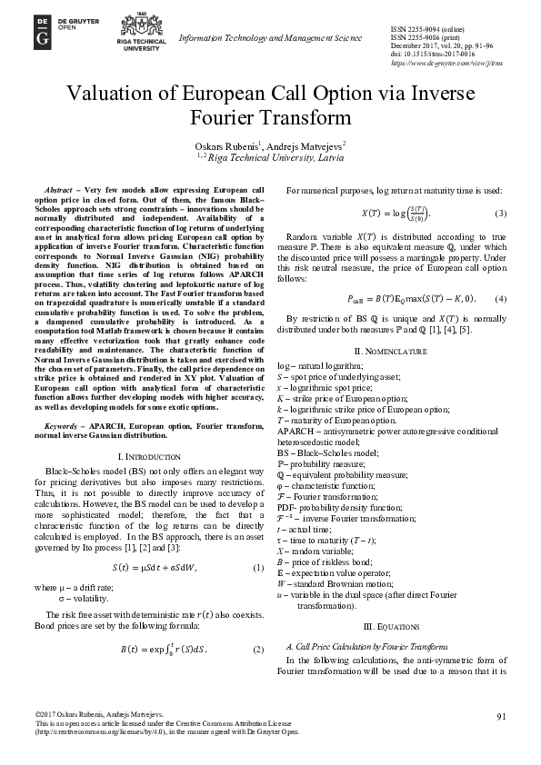 (PDF) Valuation of European Call Option via Inverse Fourier Transform
