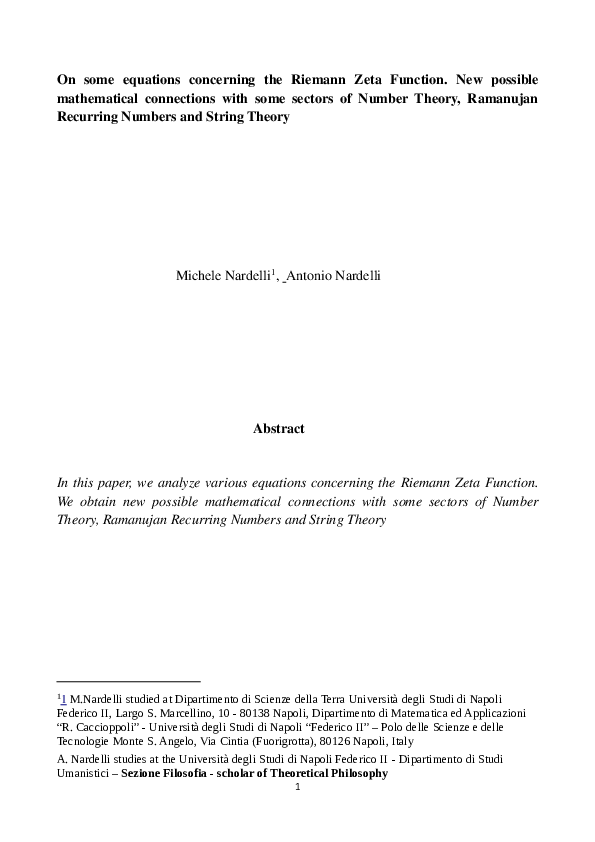 (PDF) On some equations concerning the Riemann Zeta Function. New ...