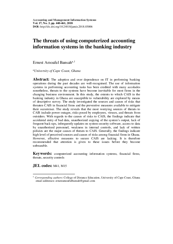 Pdf The Threats Of Using Computerized Accounting Information Systems In The Banking Industry