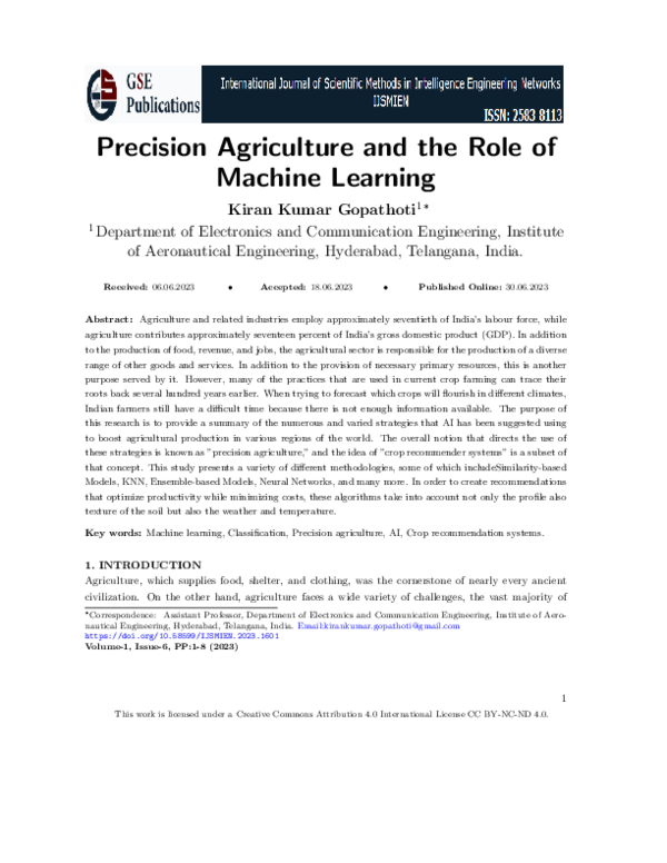 (PDF) Precision Agriculture and the Role of Machine Learning | Kiran ...
