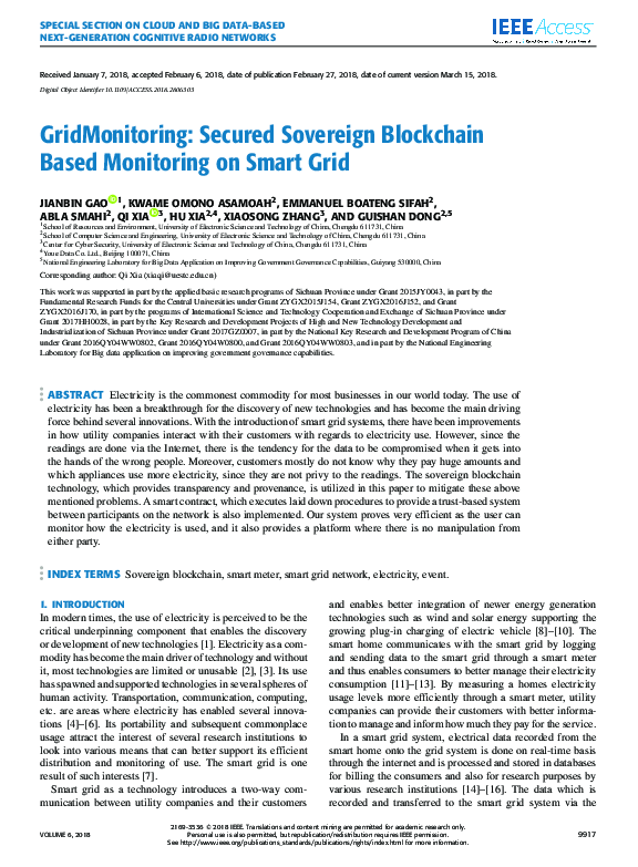 (PDF) GridMonitoring: Secured Sovereign Blockchain Based Monitoring on Smart Grid