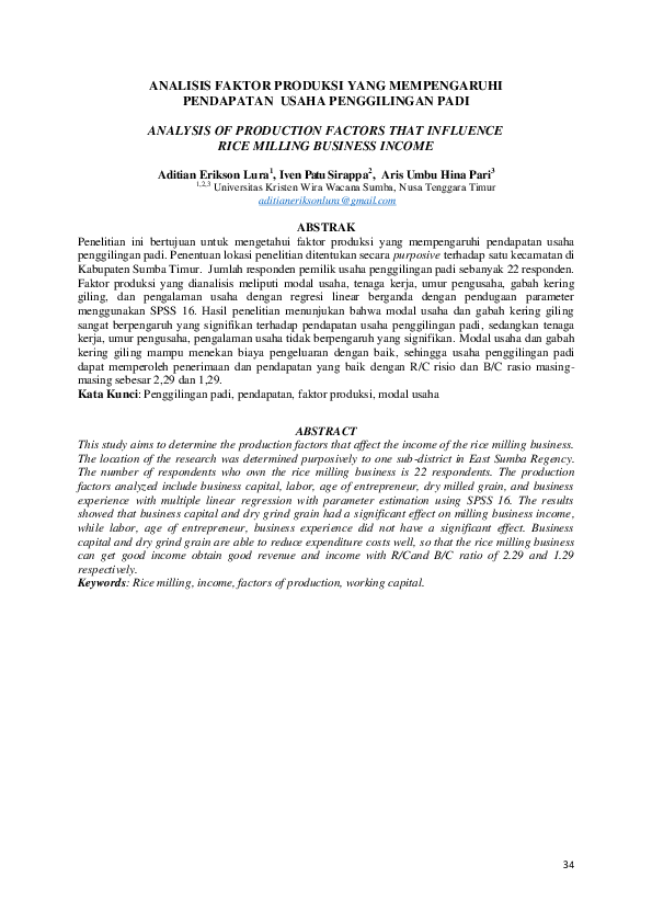 (PDF) Analisis Faktor Produksi Yang Mempengaruhi Pendapatan Usaha Penggilingan Padi