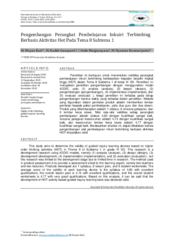 (PDF) Pengembangan Perangkat Pembelajaran Inkuiri Terbimbing Berbasis Aktivitas Hot Pada Tema 8 ...