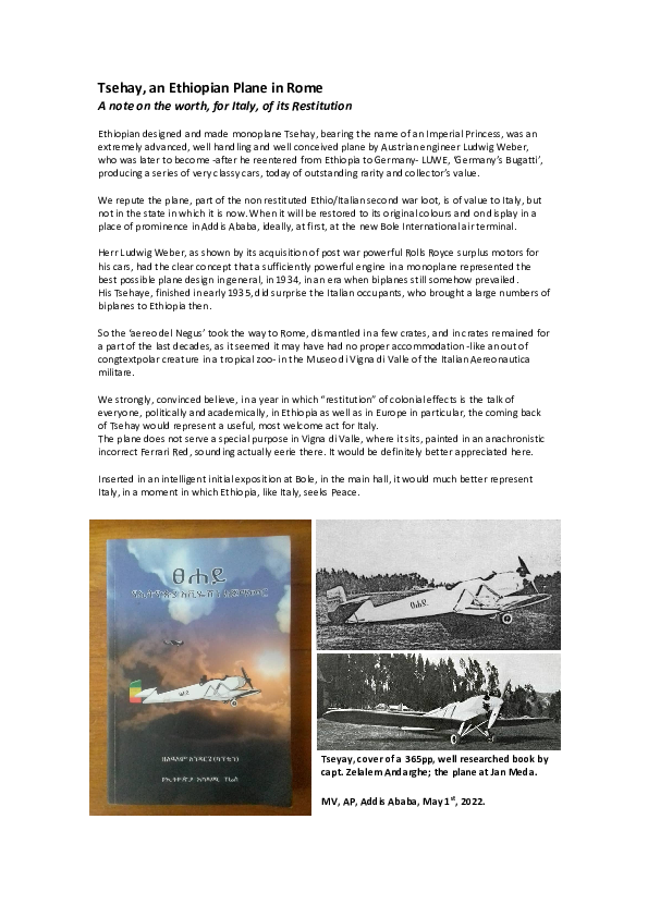 (PDF) Tsehay, an Ethiopian Plane in Rome