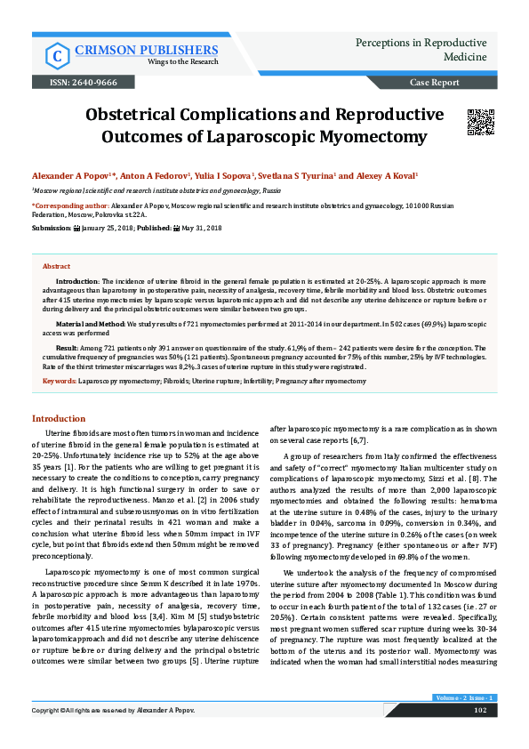 Pdf Obstetrical Complications And Reproductive Outcomes Of