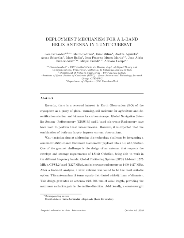 (PDF) Deployment mechanism for a L-band helix antenna in 1-Unit Cubesat