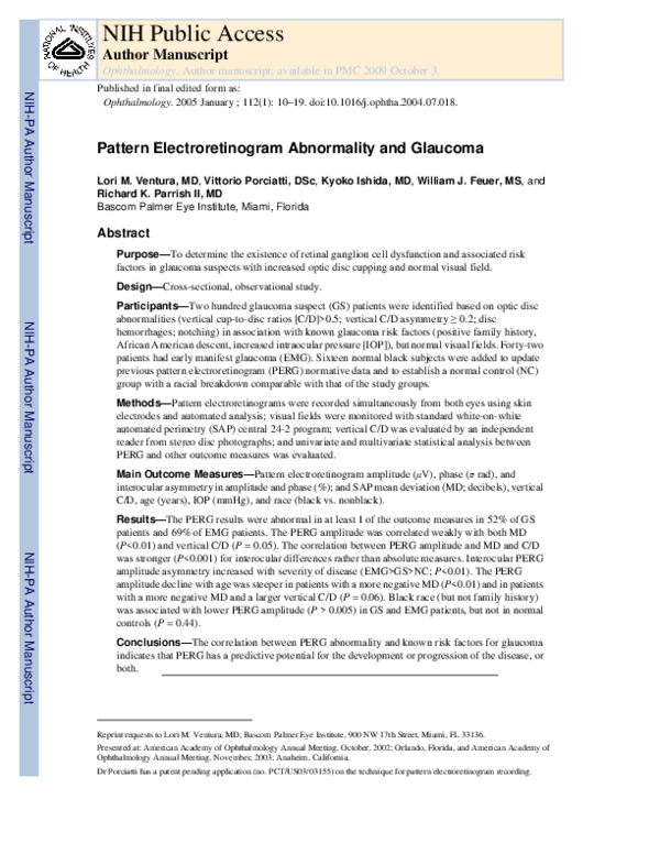 Pdf Pattern Electroretinogram Abnormality And Glaucoma