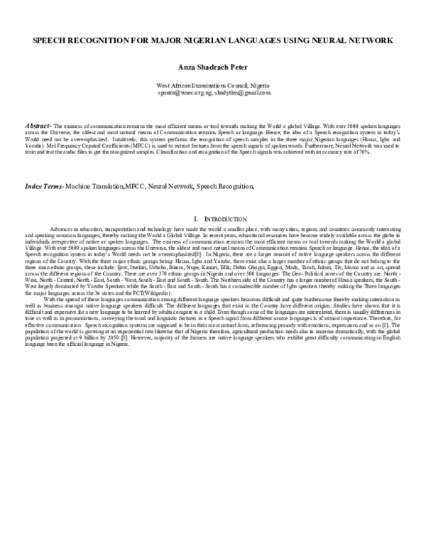 (DOC) SPEECH RECOGNITION FOR MAJOR NIGERIAN LANGUAGES USING NEURAL NETWORK