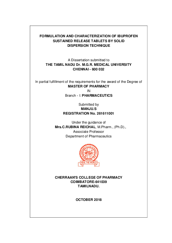 Pdf Formulation And Characterization Of Ibuprofen Sustained Release Tablets By Solid