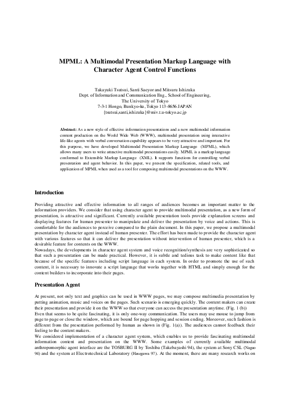 (PDF) MPML: A multimodal presentation markup language with character agent control functions