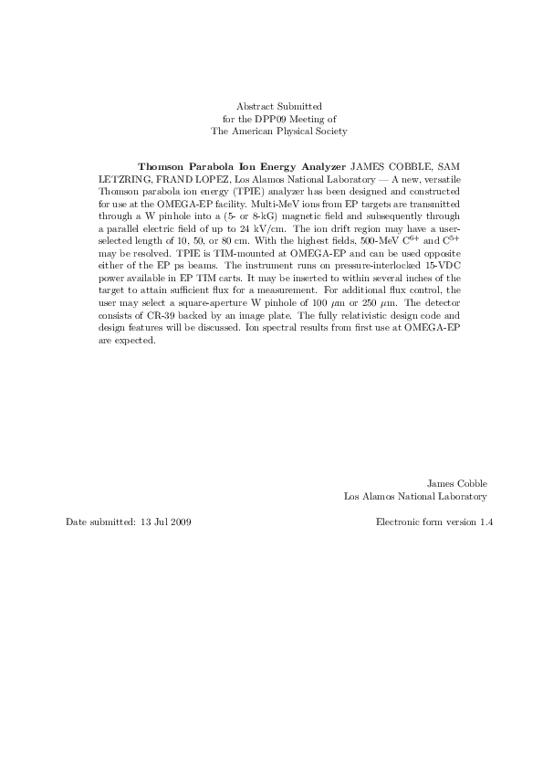 (PDF) Thomson parabola ion energy analyzer