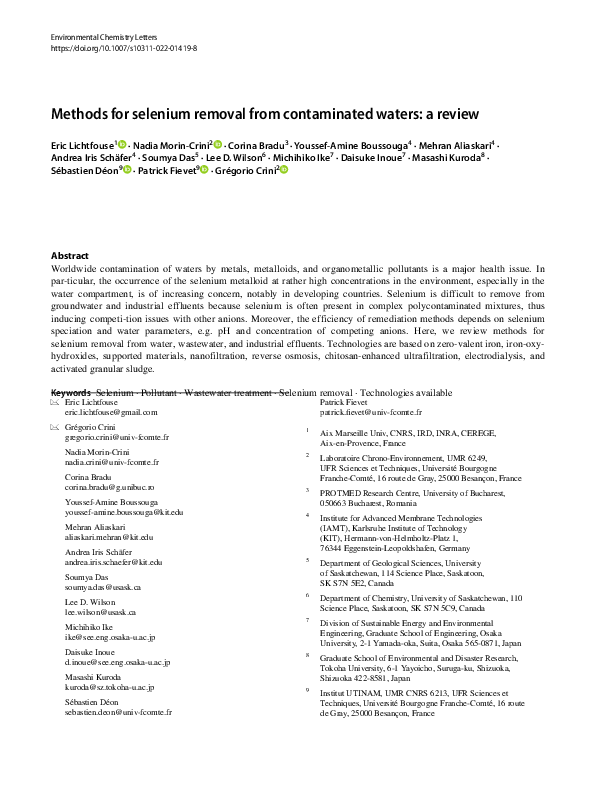 Pdf Methods For Selenium Removal From Contaminated Waters A Review
