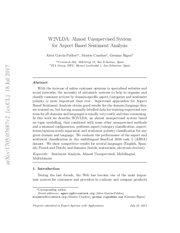 (PDF) W2VLDA: Unsupervised Aspect Sentiment Analysis (PDF) W2VLDA: Unsupervised Aspect Sentiment Analysis