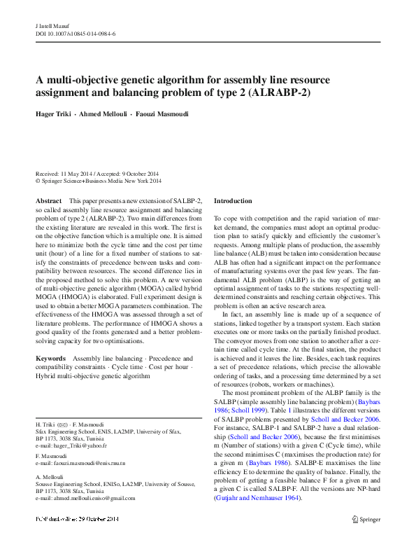 (PDF) A multiobjective genetic algorithm for Assembly Line Balancing problem with worker allocation