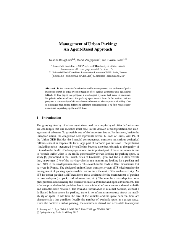 (PDF) Management of Urban Parking: An Agent-Based Approach