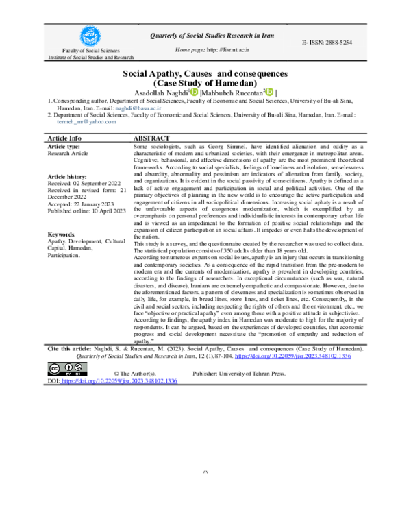 (PDF) Social Apathy, Causes and consequences (Case Study of Hamedan)