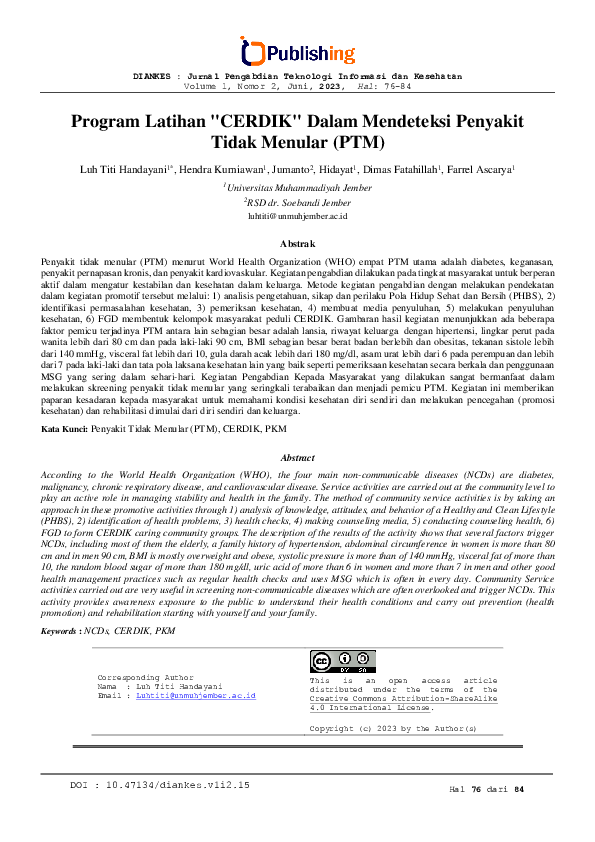 (PDF) Program Latihan "CERDIK" Dalam Mendeteksi Penyakit Tidak Menular (PTM)