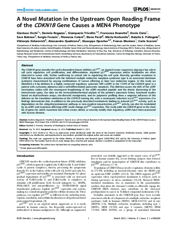 (PDF) A Novel Mutation in the Upstream Open Reading Frame of the CDKN1B ...