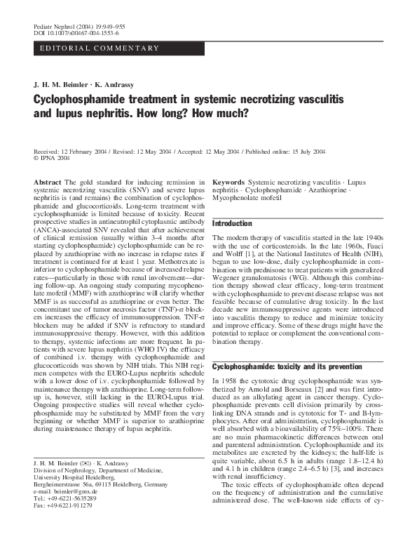 (PDF) Cyclophosphamide treatment in systemic necrotizing vasculitis and ...