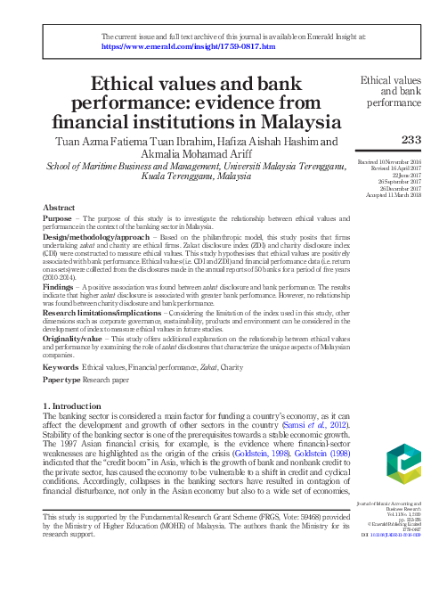 (PDF) Ethical values and bank performance: evidence from financial ...