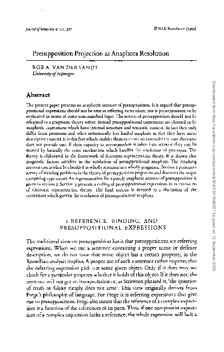 (PDF) Presupposition Projection as Anaphora Resolution