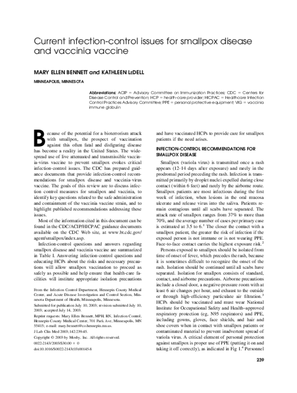 (PDF) Current infection-control issues for smallpox disease and vaccinia vaccine
