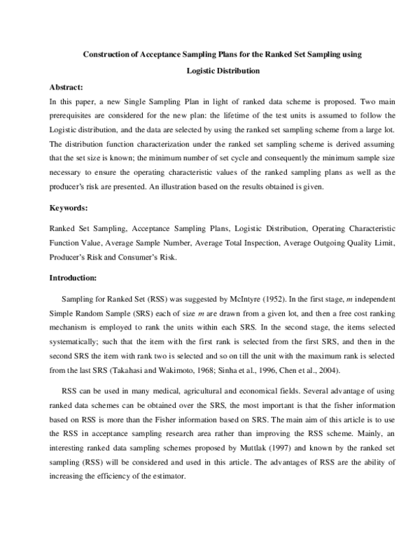 Pdf Construction Of Acceptance Sampling Plans For The Ranked Set Sampling Using Logistic 4848
