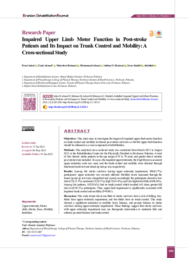 (PDF) Impaired Upper Limb Motor Function in Post-stroke Patients and Its Impact on Trunk Control ...