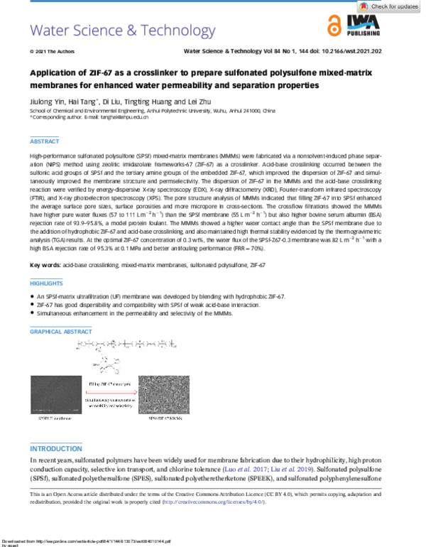 (PDF) Application of ZIF-67 as a crosslinker to prepare sulfonated ...