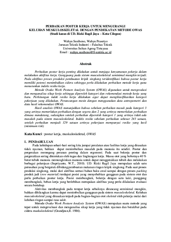 (PDF) PERBAIKAN POSTUR KERJA UNTUK MENGURANGI KELUHAN MUSKULOSKELETAL DENGAN PENDEKATAN METODE ...