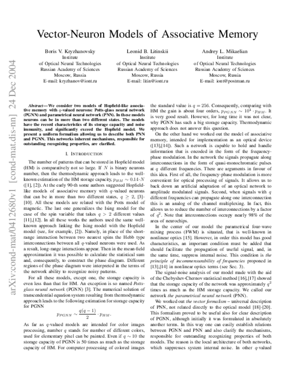 (PDF) Vector-neuron models of associative memory