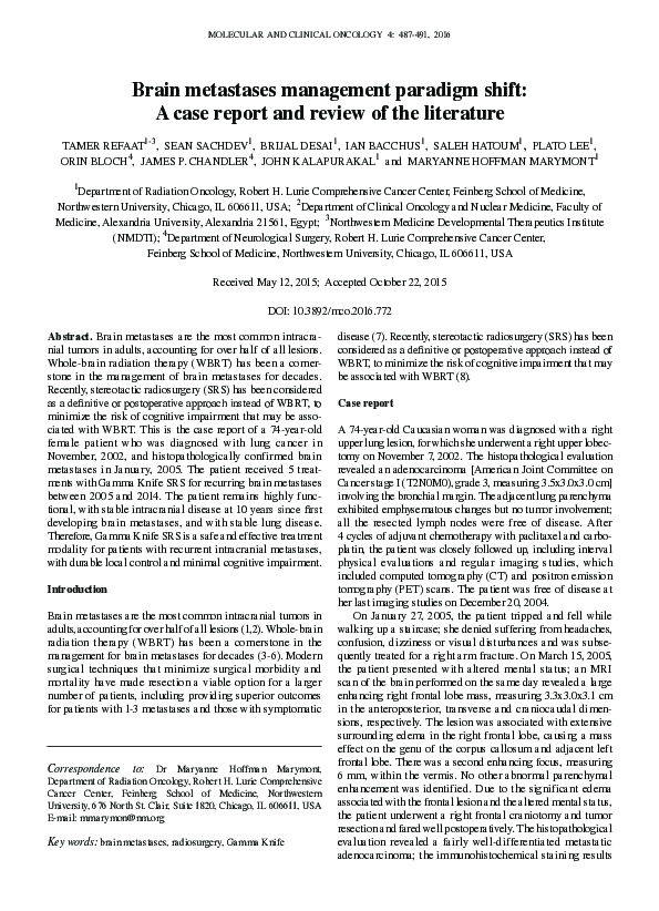 Pdf Brain Metastases Management Paradigm Shift A Case Report And